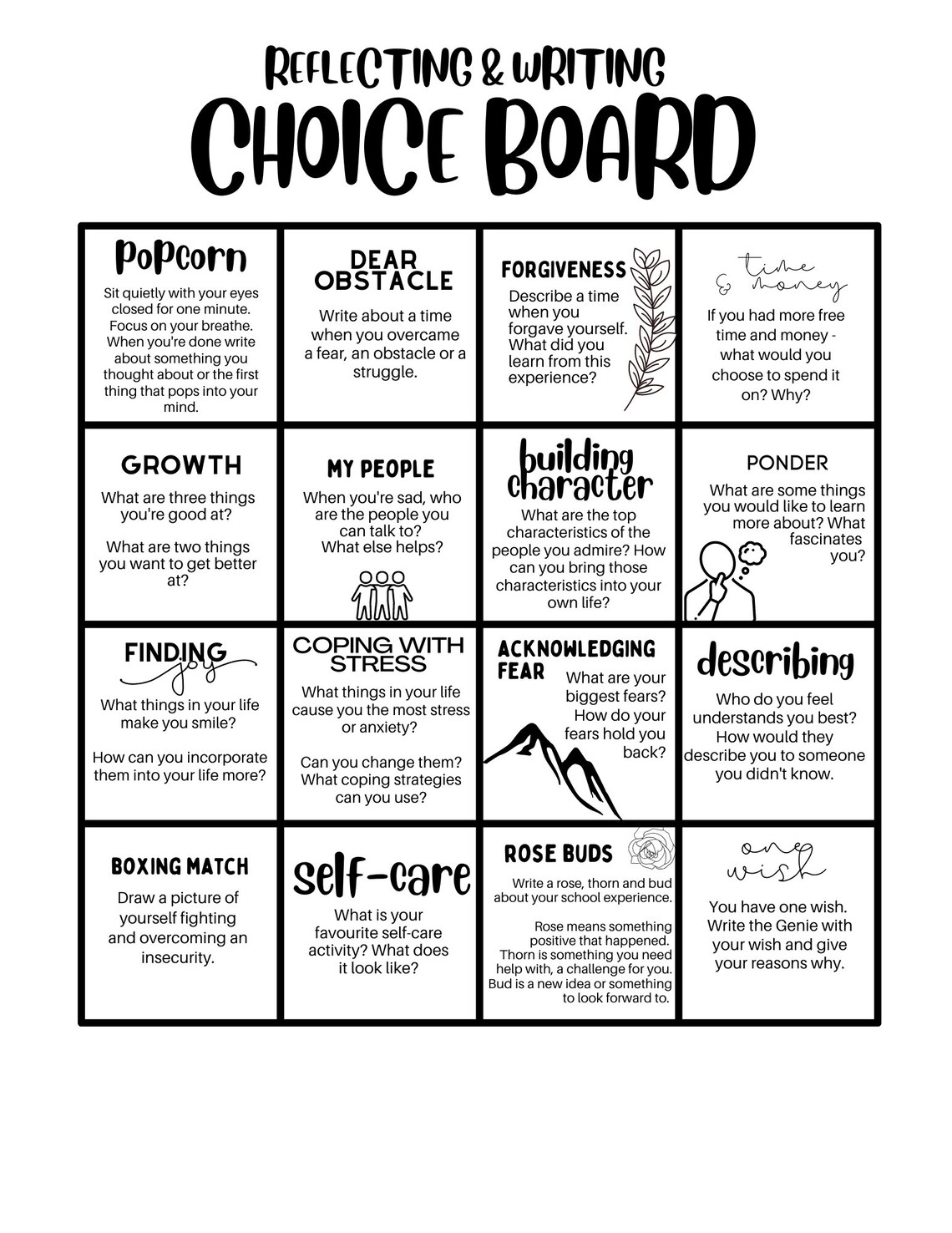 Reflecting & Writing | Mental Health Choice Board | Classroom ...