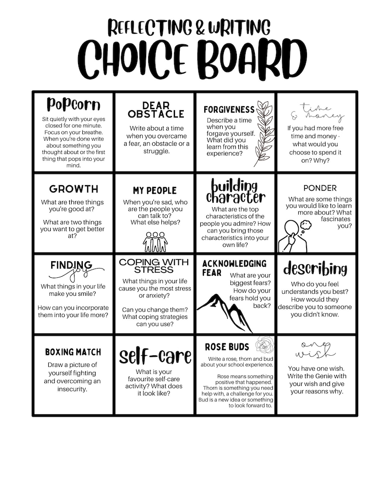 Reflecting & Writing | Mental Health Choice Board | Classroom ...