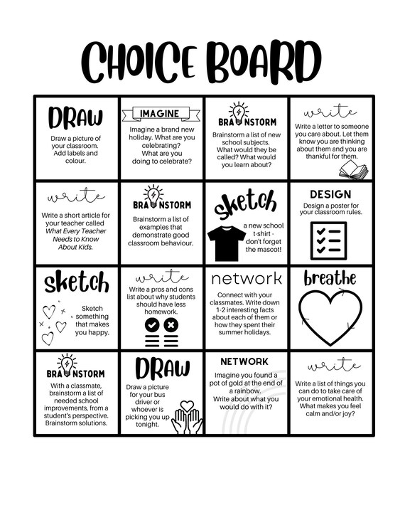 New School Year Choice Board for Youth & Students Classroom - Etsy