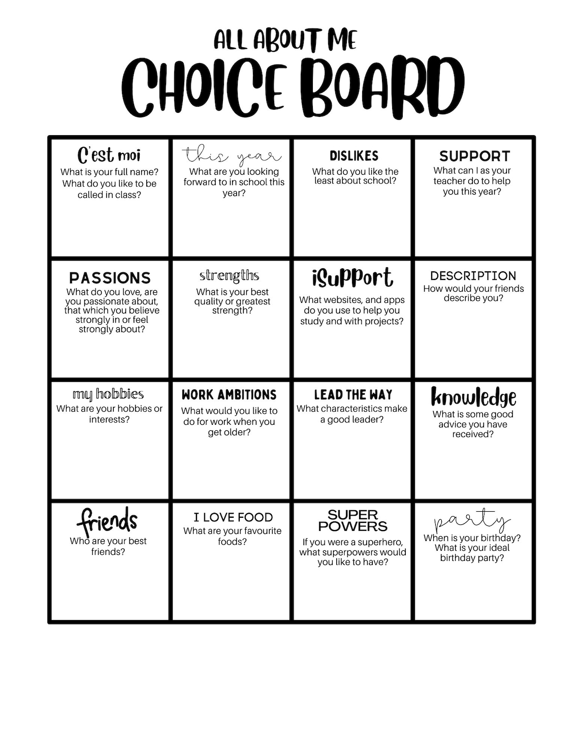 New School Year Choice Board for Youth & Students | Student Survey ...