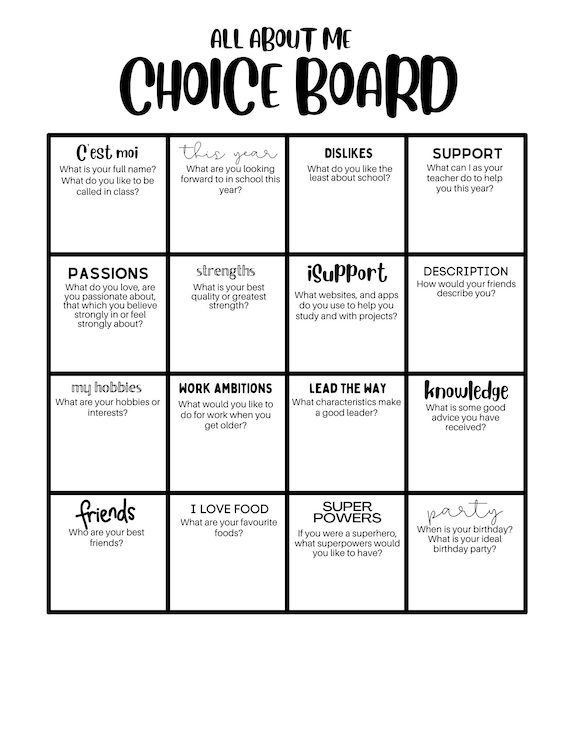New School Year Choice Board for Youth & Students Student - Etsy