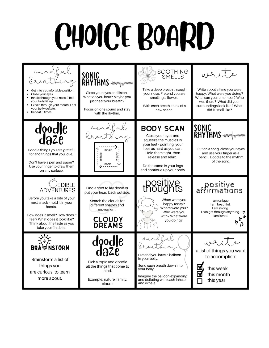Mindfulness Mental Health Focused Choice Board for Students - Etsy