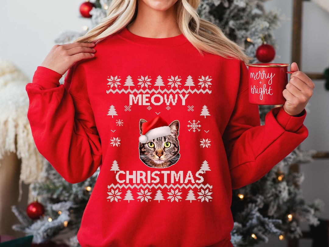 Meowy Christmas Sweater Personalized Cat On Sweater Funny Ugly Xmas