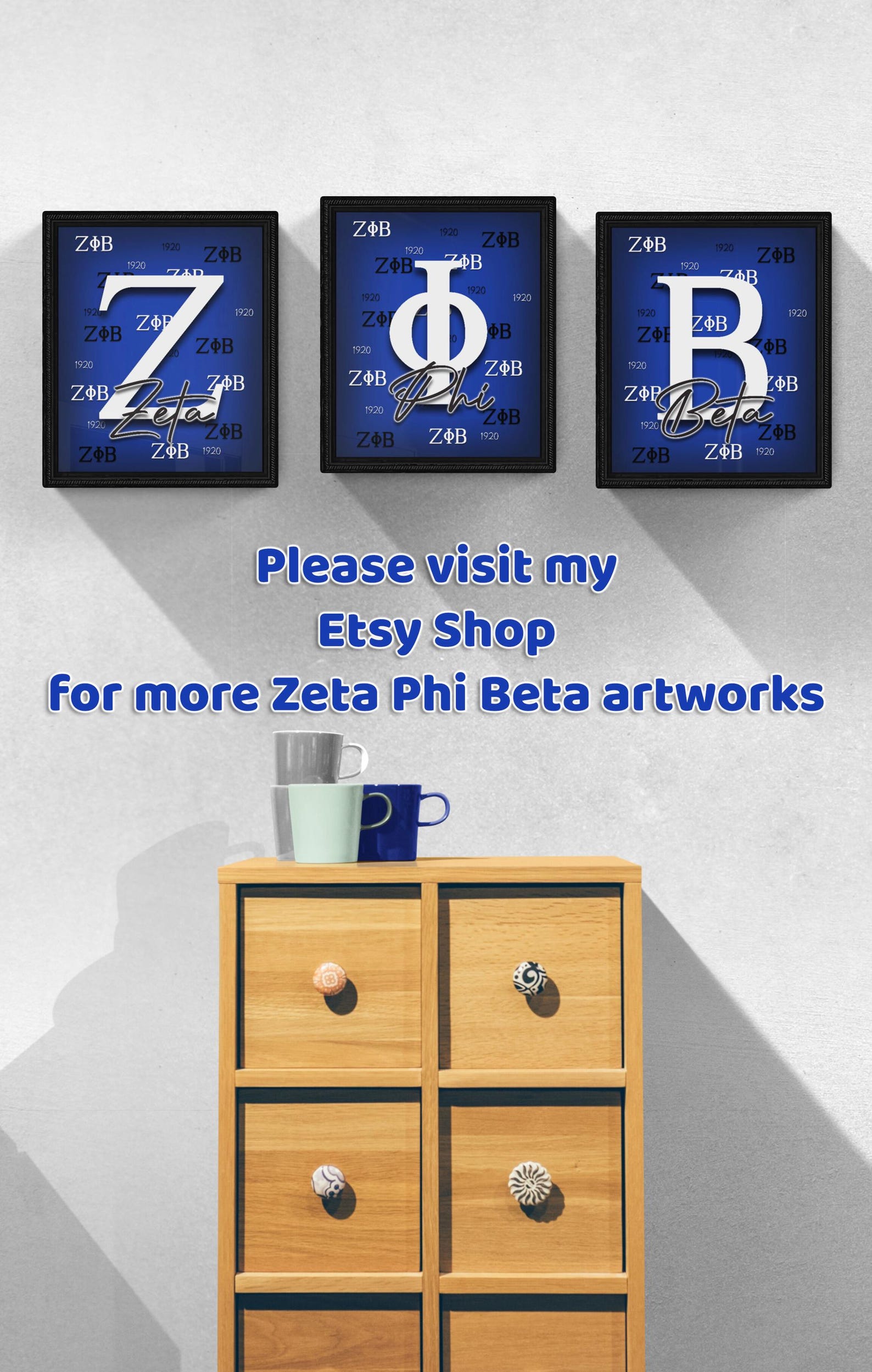 3 Piece 8x10 Zeta Phi Beta Symbols Blue and White Artwork, Printable ...