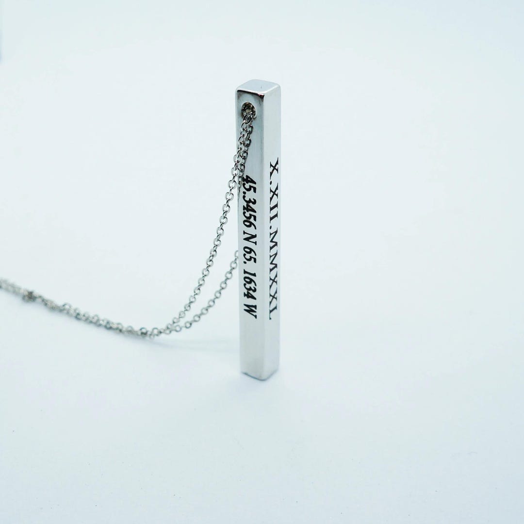 Personalized Bar Necklace: Engraved Roman Numerals, Coordinates, Name ...