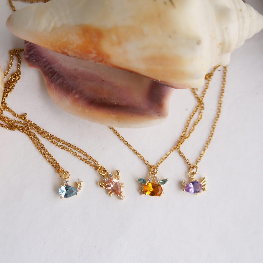 Cute Sea Creatures Necklace Tiny Gold Necklace Cubic Zirconia Charm ...