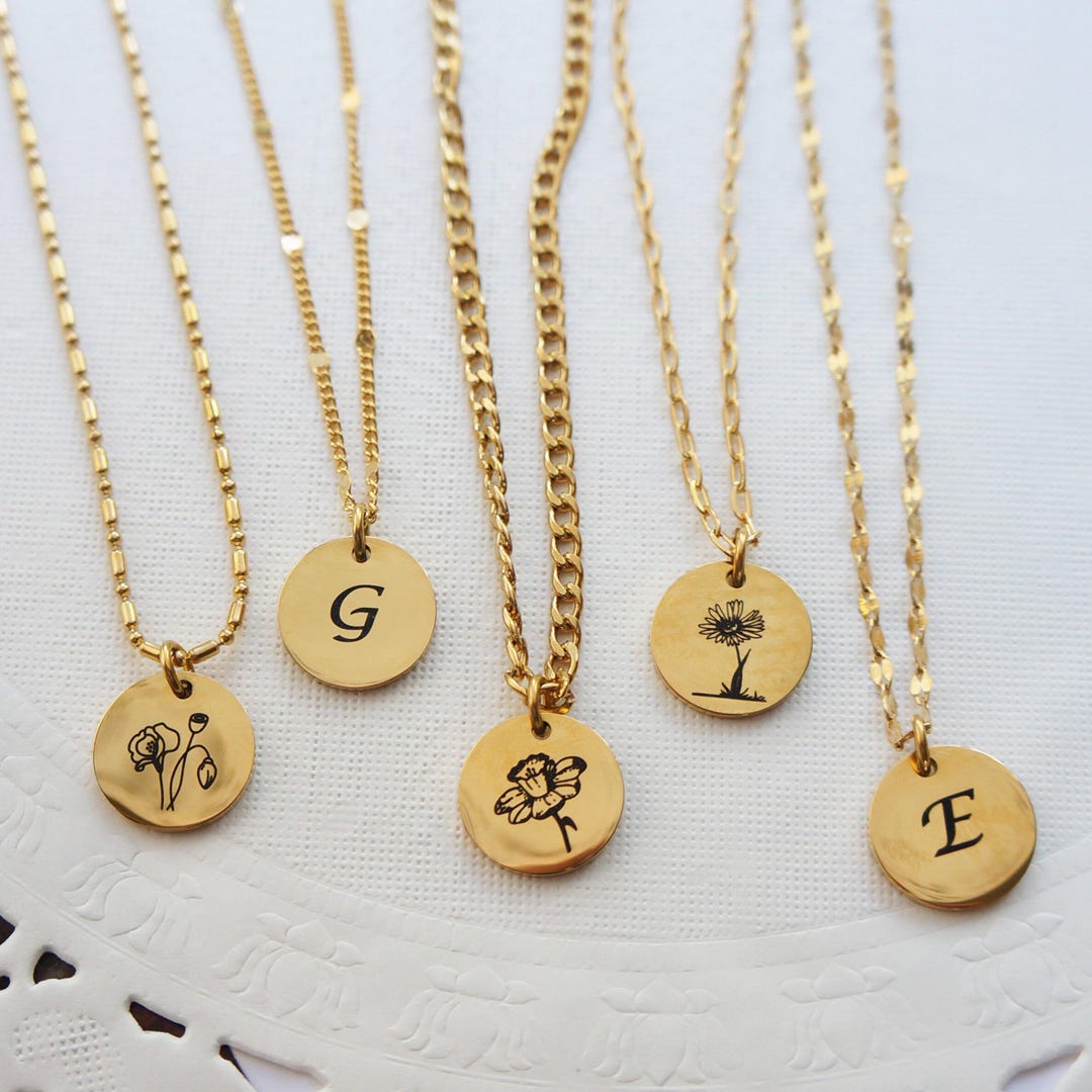 Personalized Gold Disc Necklace: Custom Initial or Flower Charm - Etsy