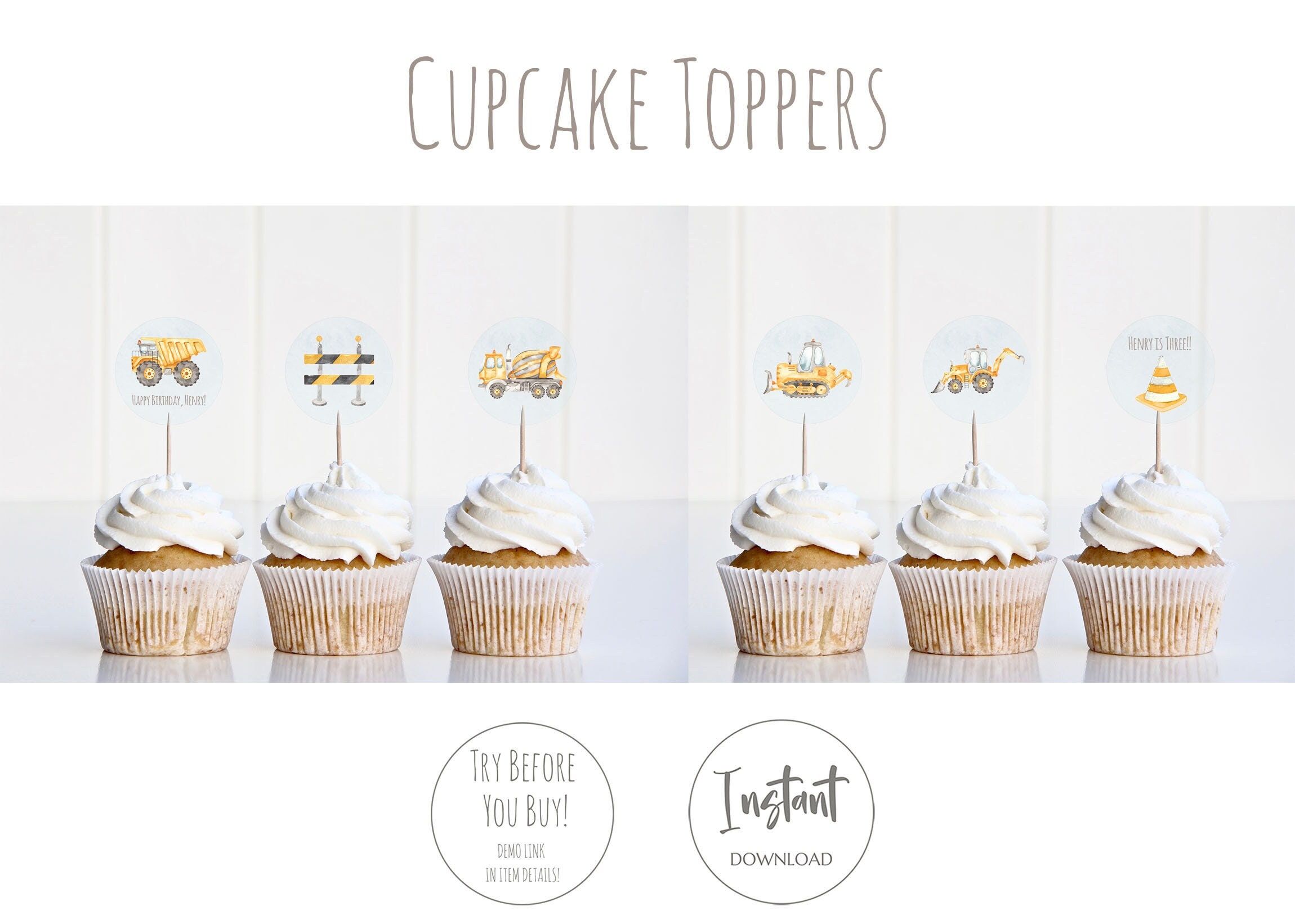 Construction Birthday Cupcake Toppers DIY Printable Cupcake Topper ...