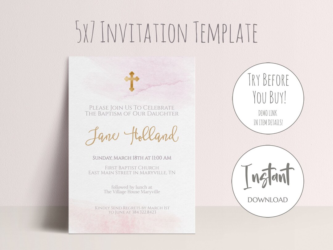 Pink Baptism Invitation Template Christening Invitation Template ...