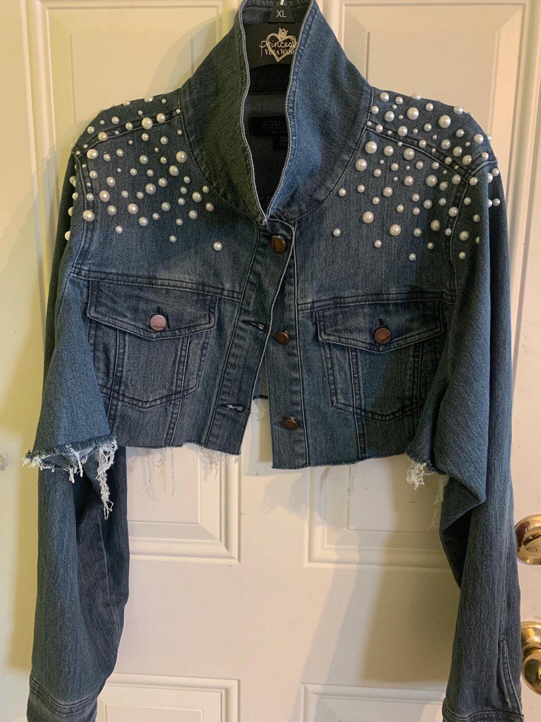 Pearl Embellished Cropped Denim Jacket Size 2X - Etsy