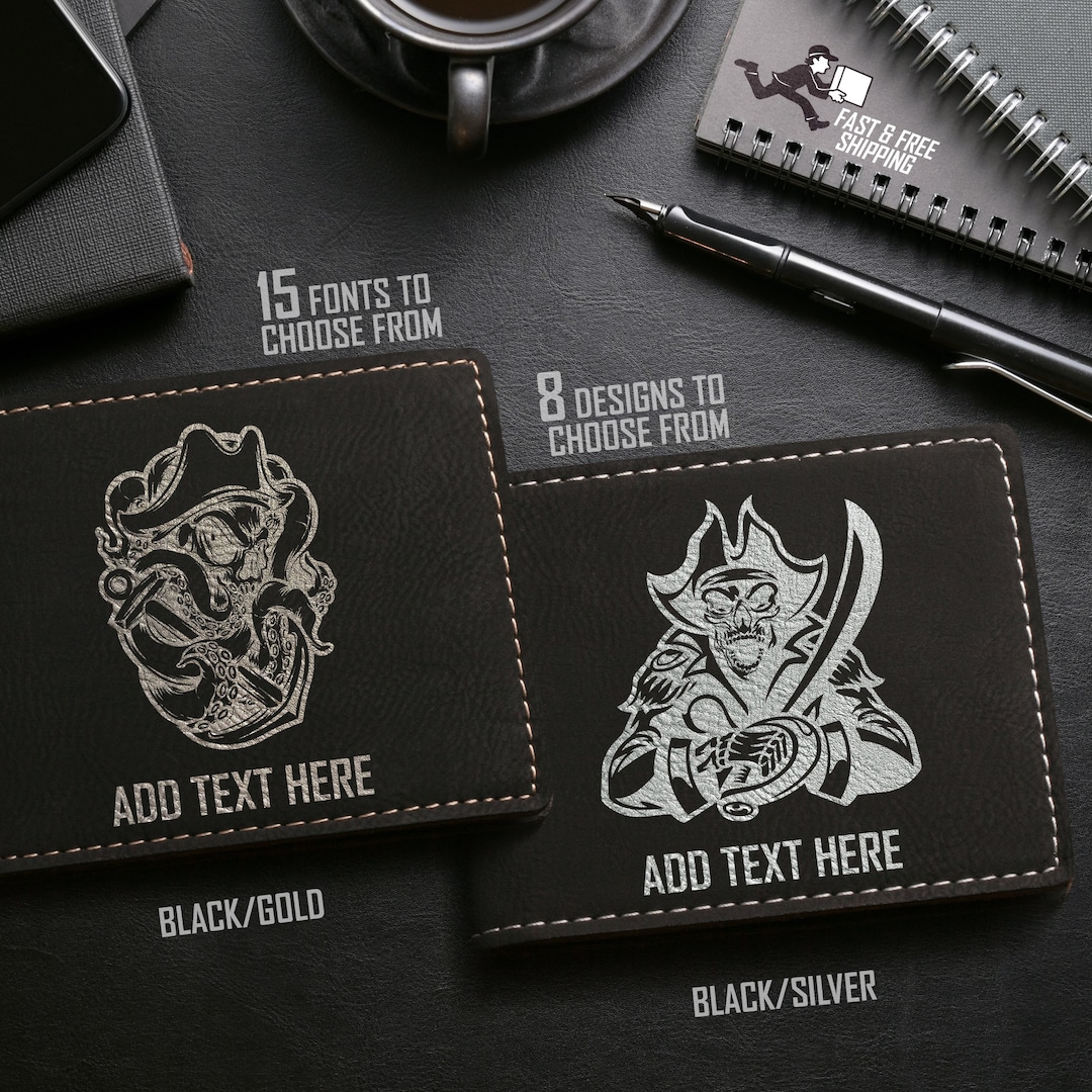 Custom Pirate Theme Vegan Wallet: Engraved Faux Leather Bifold ...