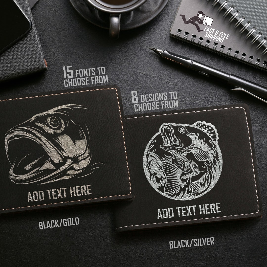Custom Bass Fish Theme Vegan Wallet: Engraved Faux Leather Bifold ...