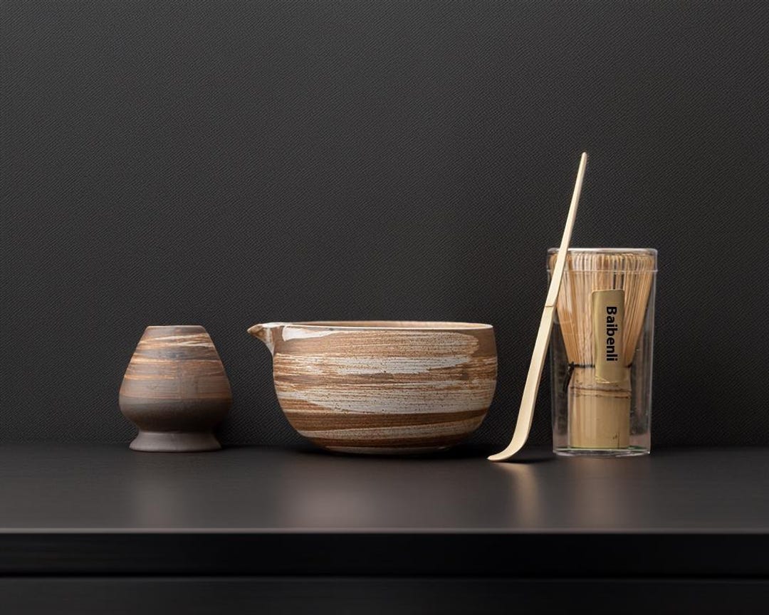 Rustic Matcha Tea Set With Ceramic Brown Bowl With Spout, Bamboo Whisk ...
