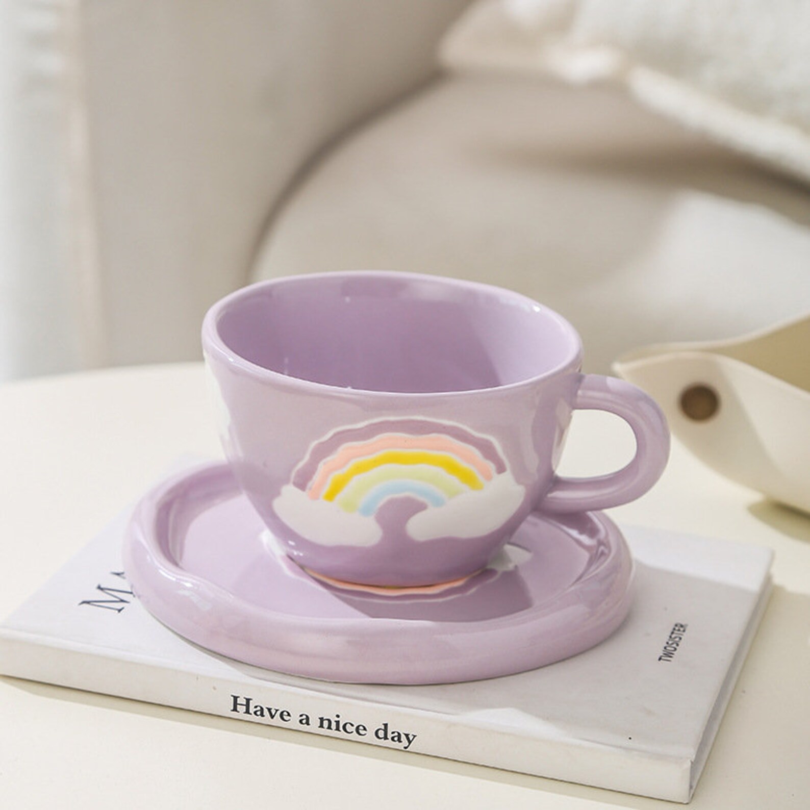 Pastel Colored Rainbow Coffee Mug With Saucer Handmade Thick - Etsy