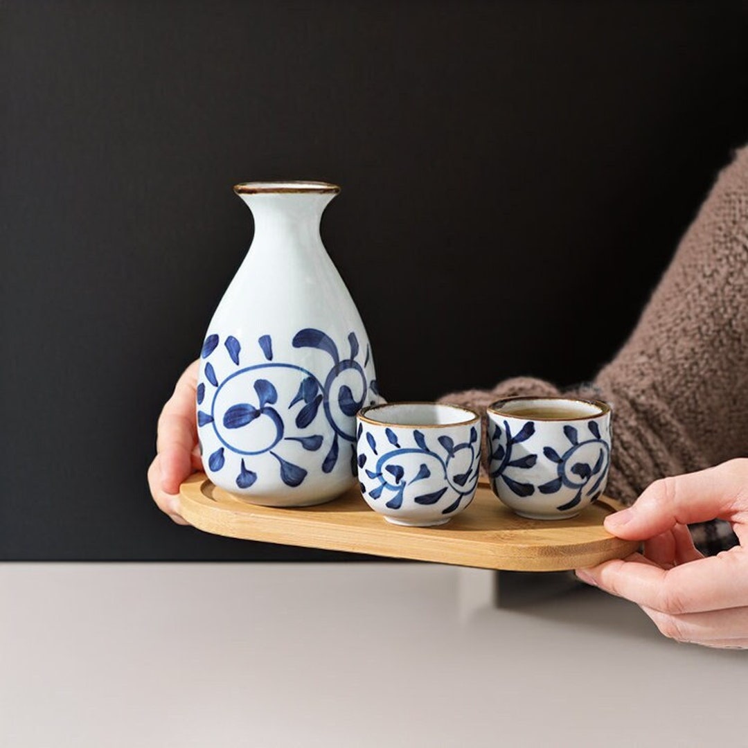 Japanese Chic Asian Ceramic Sake Set | Floral Design Blue and White ...