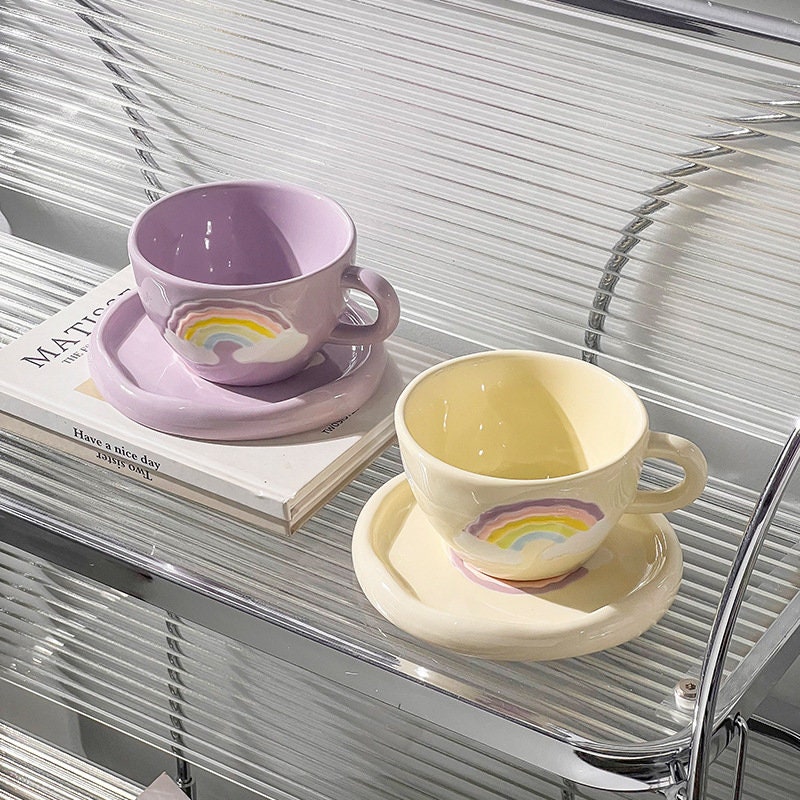 Pastel Colored Rainbow Coffee Mug With Saucer Handmade Thick - Etsy