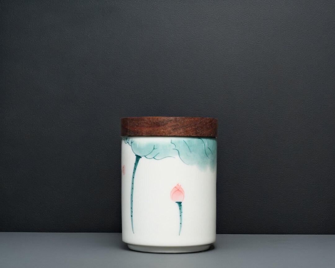 Elegant Ceramic Japanese Style Tea Jar With Wooden Lid | Hand-painted ...