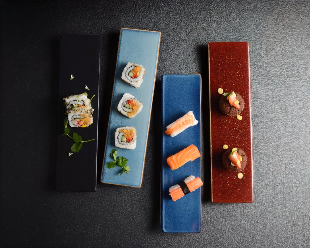 Rectangular Long Sushi Serving Tray | Blue, Red, Black Asian Porcelain ...