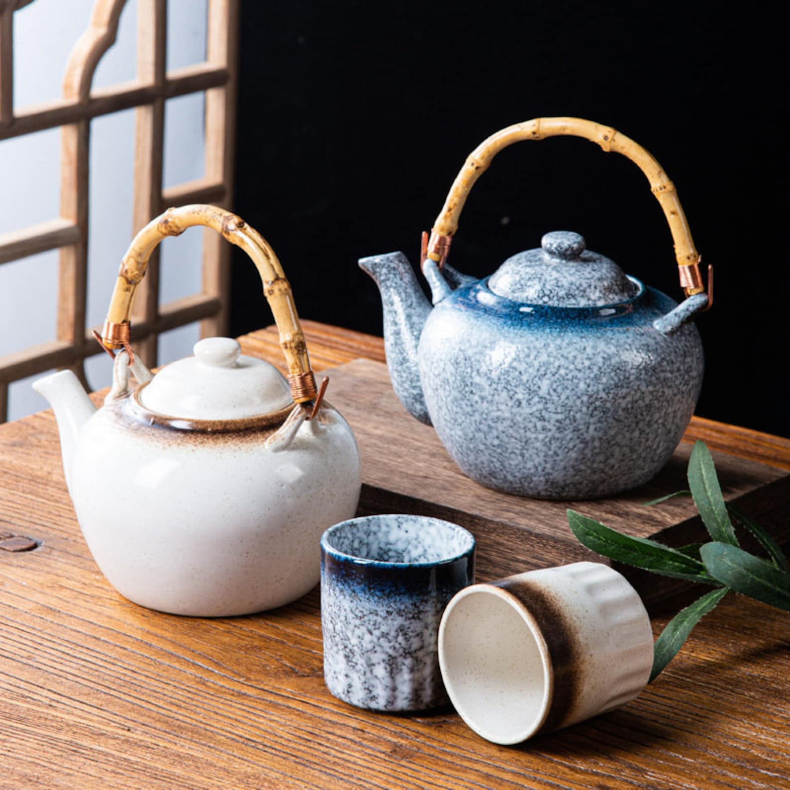 Japanese Asian Ceramic Tea Set Teapot With Bamboo Handle Tea - Etsy