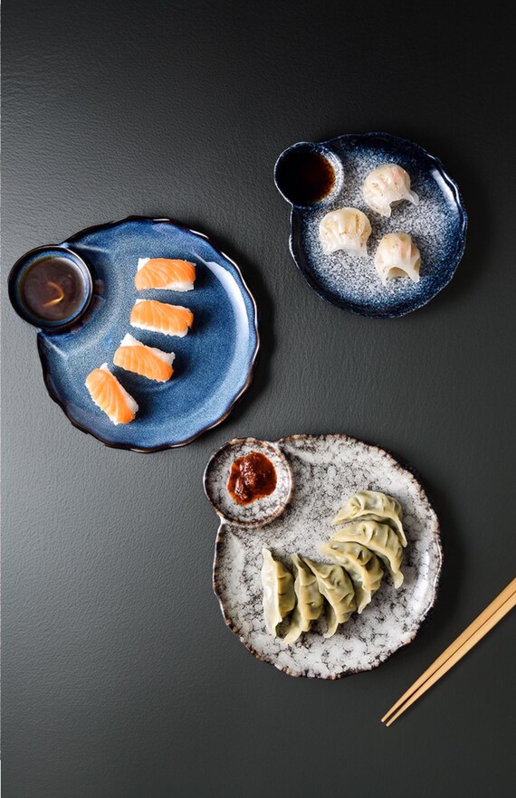 Dumpling Plate Japanese Style Ceramic S - Set Of 2 With Dipping Saucers ...