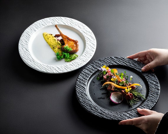 Elegant Ceramic Dinner Plates With Matte Finish in Black and White Ceramic Serving Plates With Textured Rim Fine Dining Tableware Etsy