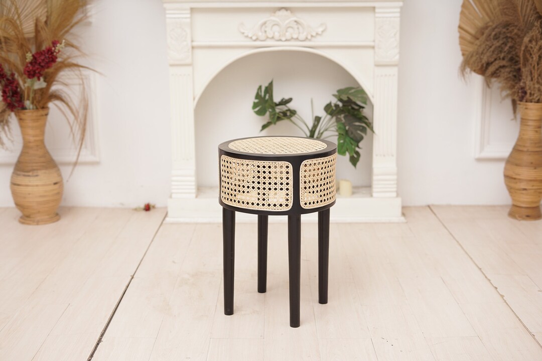 Rattan End Table, Rattan Night Stand, Wood Side Table, Black End Table ...
