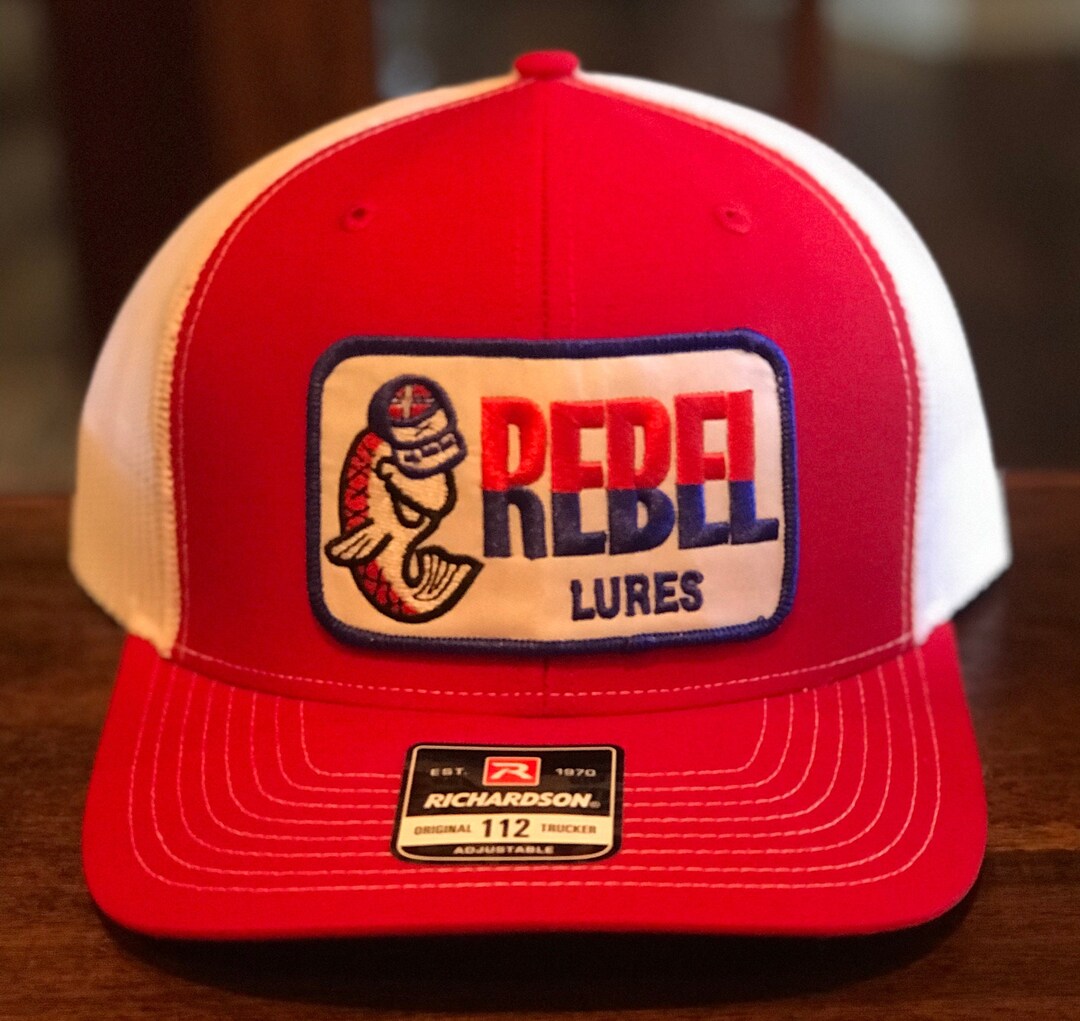 Vintage Style Rebel Lures Fisherman Patch on Red or Blue Richardson 112 ...