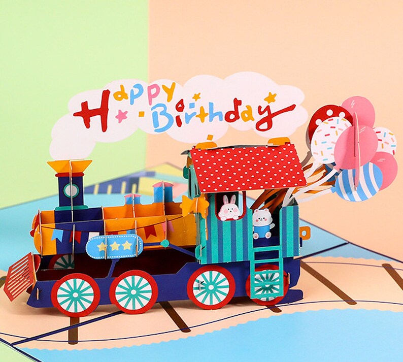 Happy Birthday Train 3d Pop Up Congratulation Card Bunny And Balloon