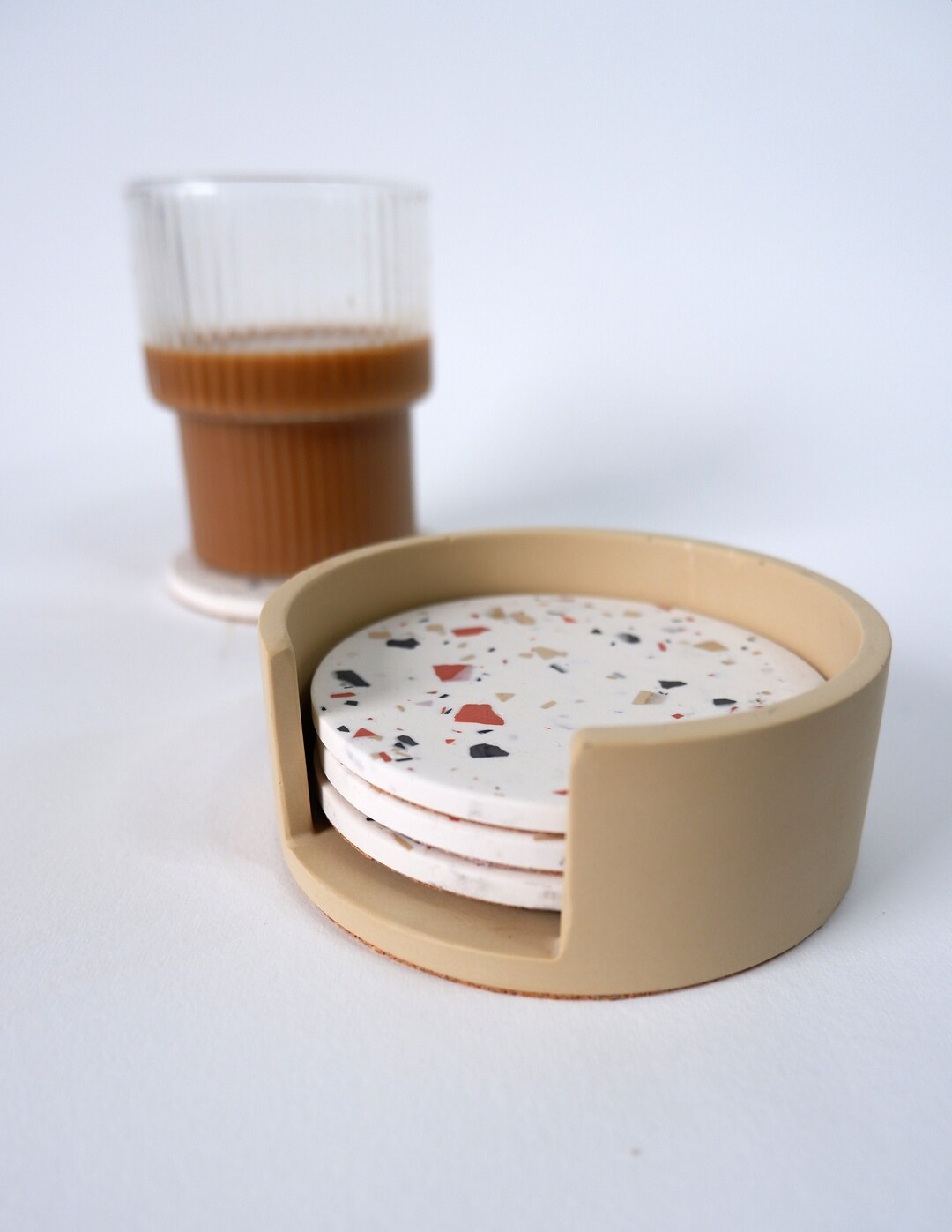 Jesmonite Table Coasters Set of 4, Round Coasters With Holder, Terrazzo ...