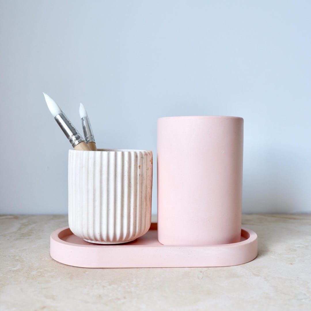 Handmade Pink Plaster Desk Organizer Set – Pencil Holders & Tray for ...