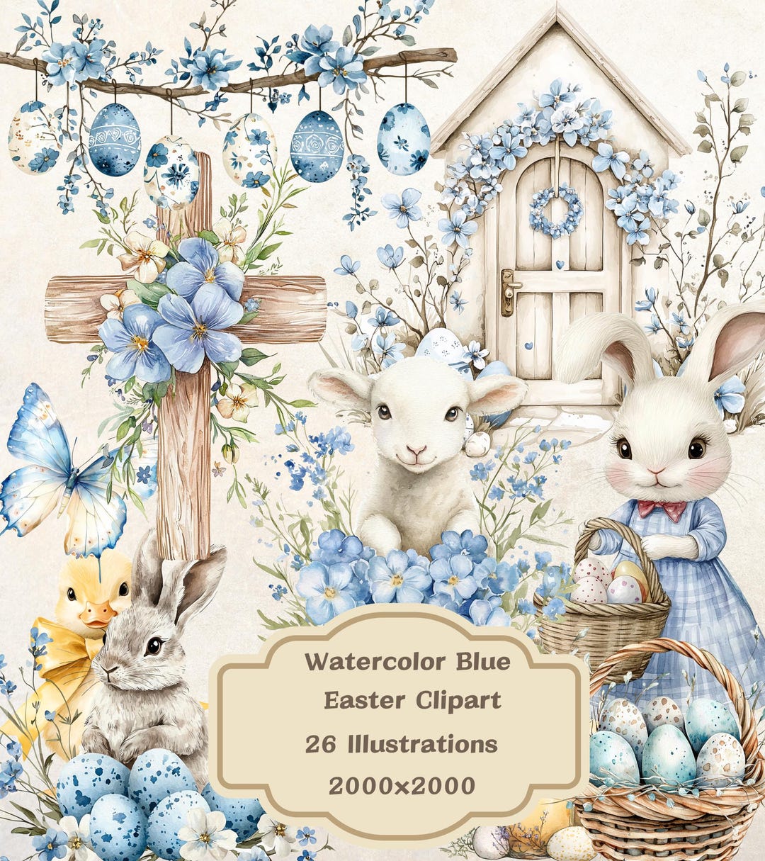 Blue Easter Bunnies Clipart, Bunny Girl PNG, Bunnies Clipart, Spring ...