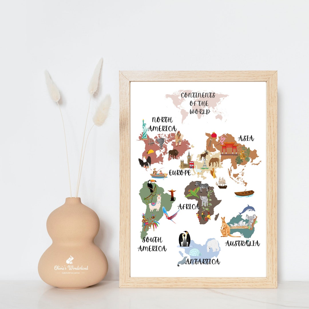 World Continents Poster , Educational World Map - Etsy