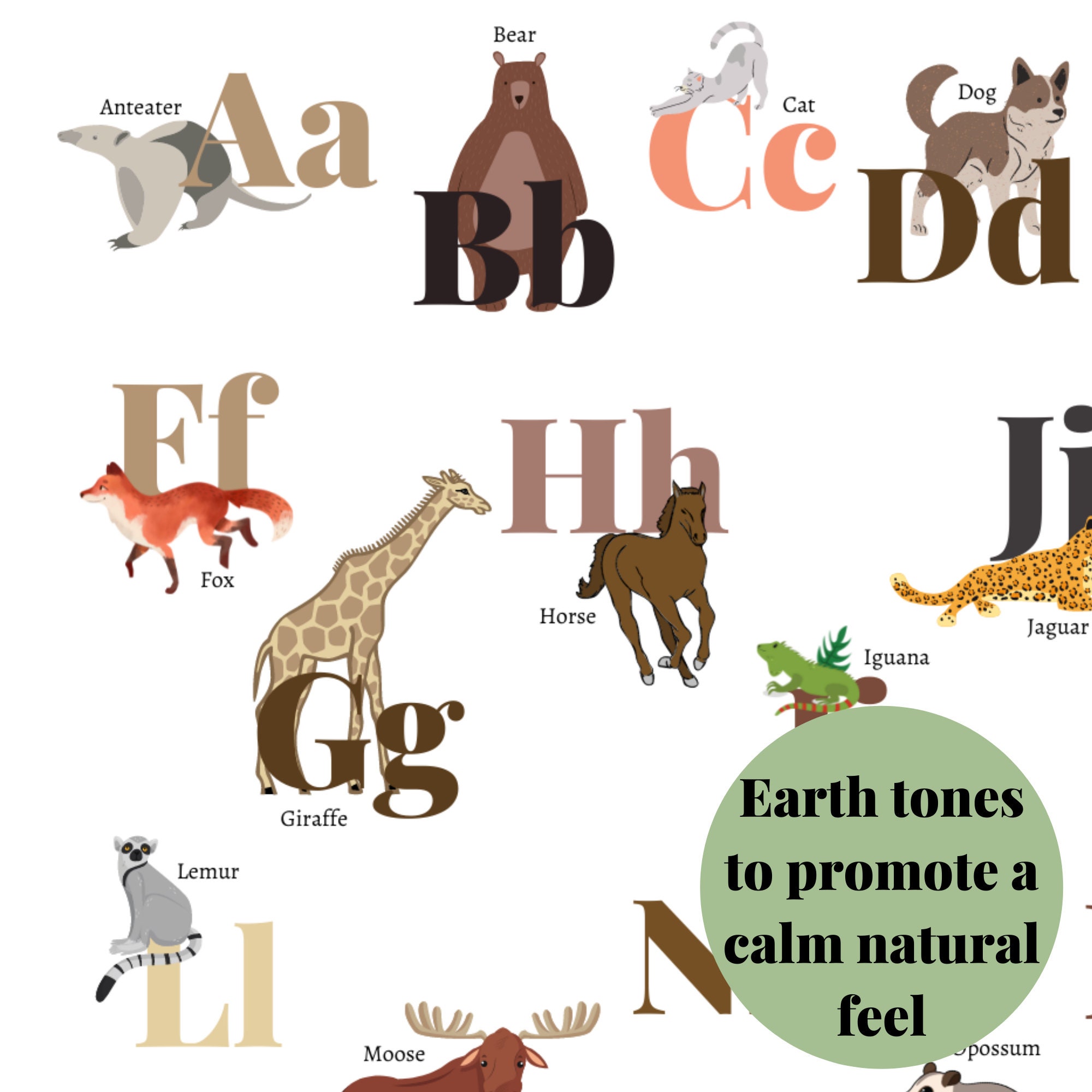 Zoo Animal Alphabet Poster, Earth Tones, Homeschool Printable Décor ...
