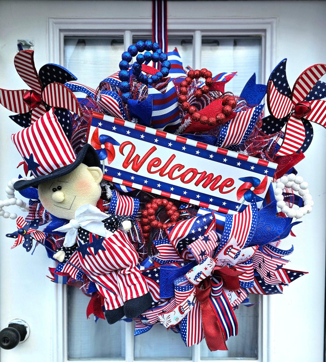 Uncle Sam Pinwheel Welcome Wreath for July 4th. Patriotic Red, White ...