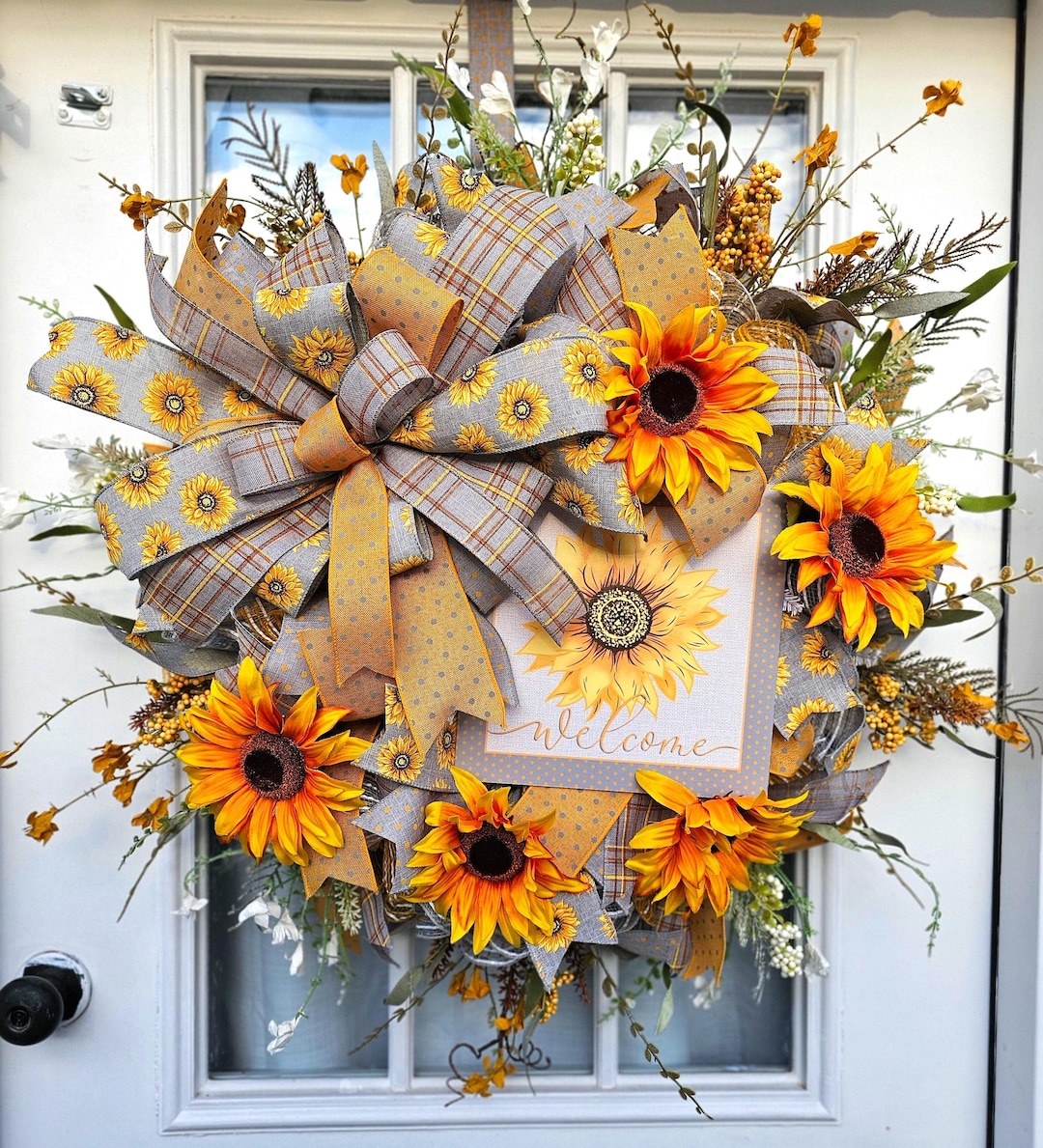 Sunflower Welcome Wreath. Beautiful Yellow and Gray Wreath. Yellow ...