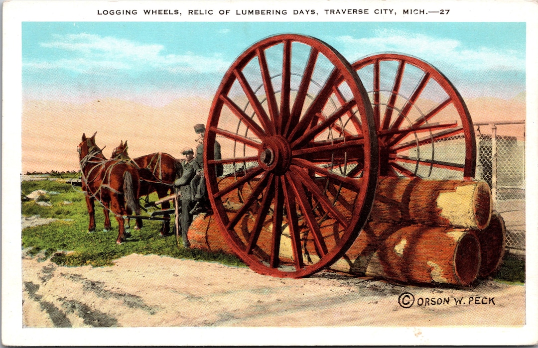 Logging Wheels Relic of Lumbering Days Traverse City Mich MI Postcard ...