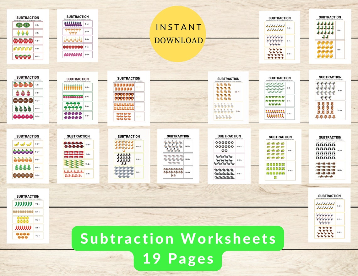 Subtraction Worksheets 1-20, Digital Download, Numbers Worksheets ...