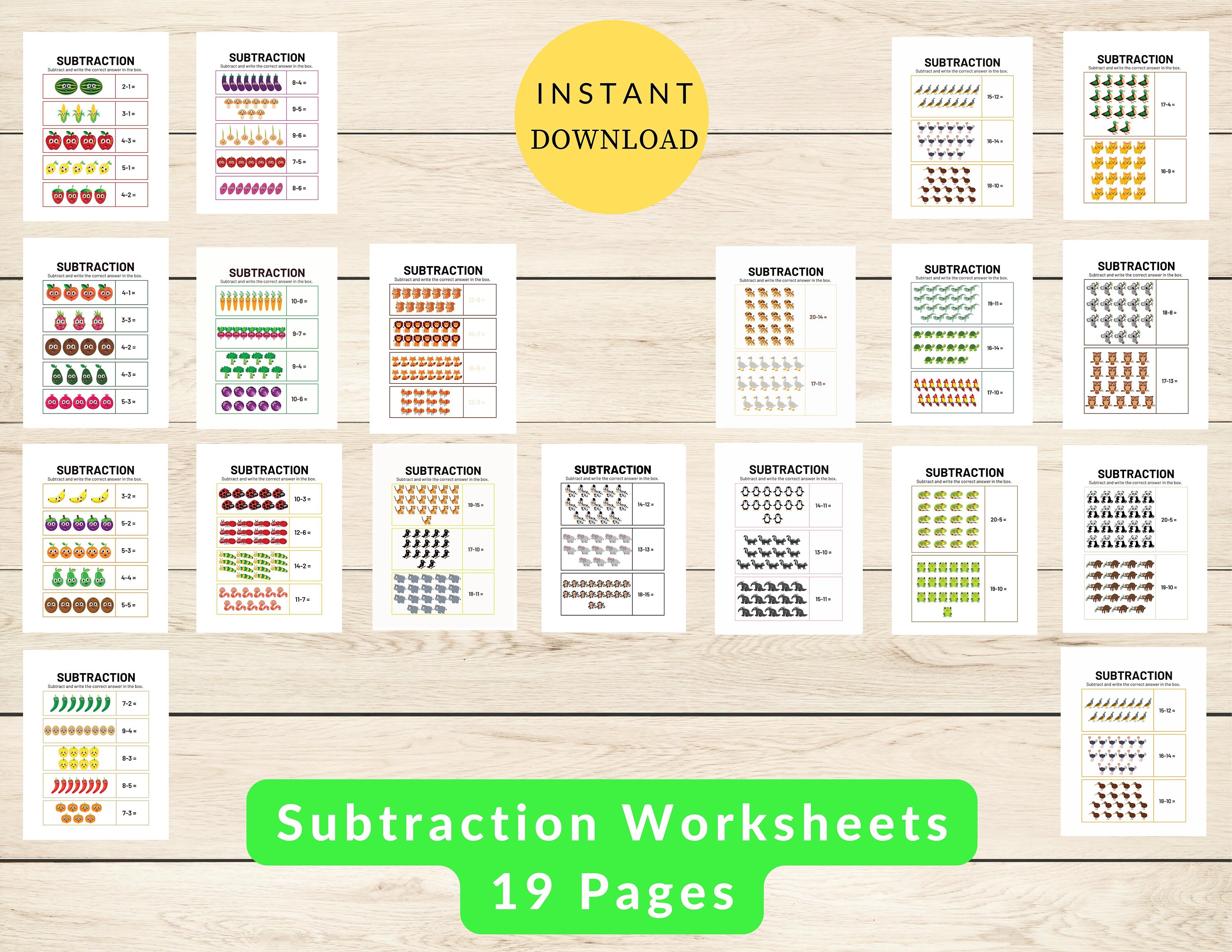 Subtraction Worksheets 1-20, Digital Download, Numbers Worksheets ...