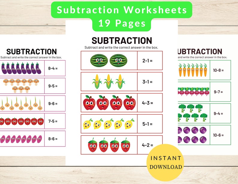 Subtraction Worksheets 1-20, Digital Download, Numbers Worksheets ...