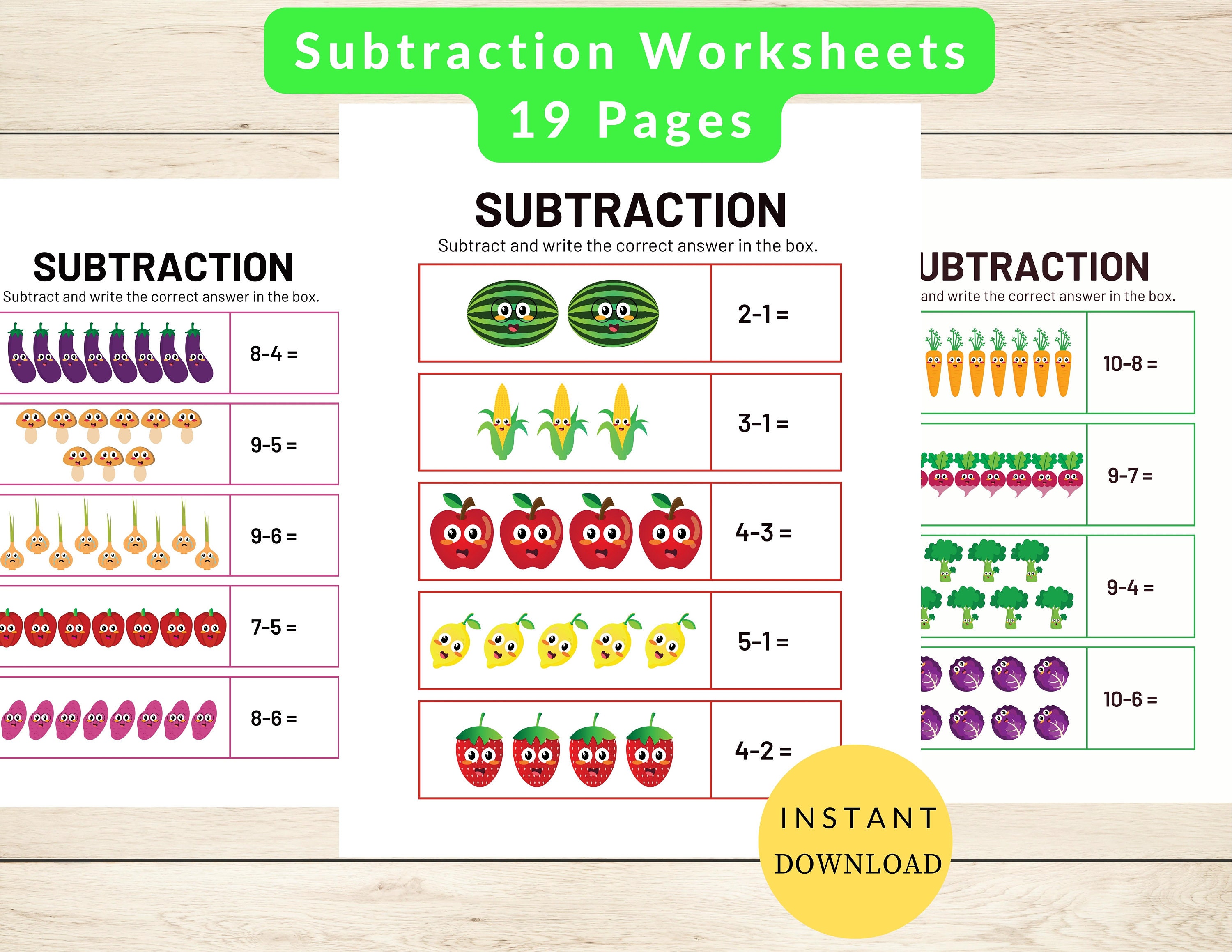 Subtraction Worksheets 1-20, Digital Download, Numbers Worksheets ...