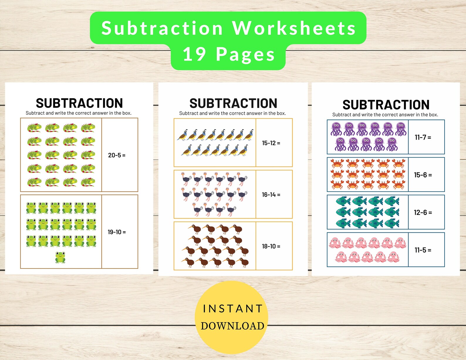 Subtraction Worksheets 1-20, Digital Download, Numbers Worksheets ...