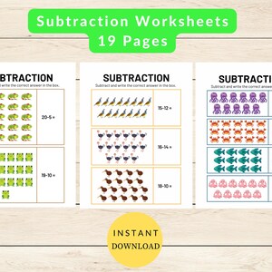 Subtraction Worksheets 1-20, Digital Download, Numbers Worksheets ...