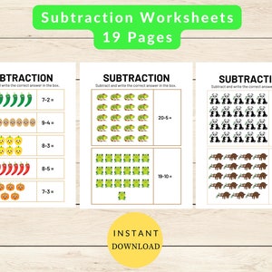 Subtraction Worksheets 1-20, Digital Download, Numbers Worksheets ...