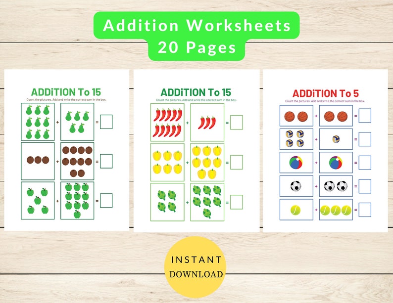 Addition Worksheets 1-20, Digital Download, Numbers Worksheets ...