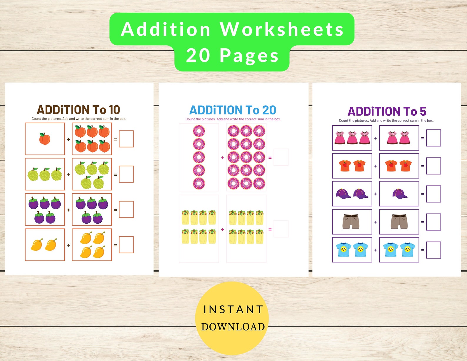 Addition Worksheets 1-20, Digital Download, Numbers Worksheets ...