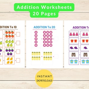 Addition Worksheets 1-20, Digital Download, Numbers Worksheets ...