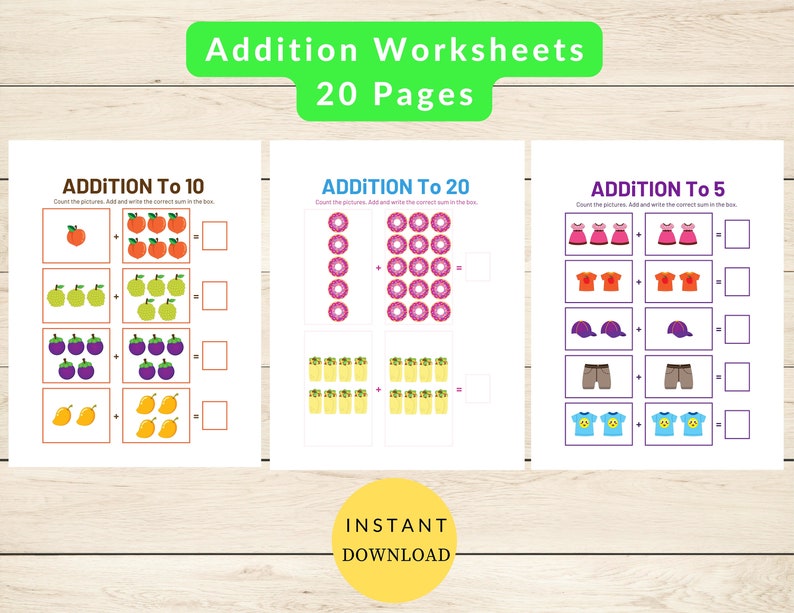 Addition Worksheets 1-20, Digital Download, Numbers Worksheets ...