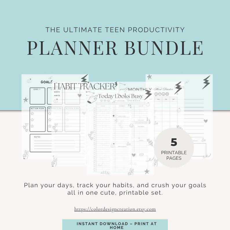 Teen Daily Planner Bundle – Black & White Doodle Style PDF | Printable ...