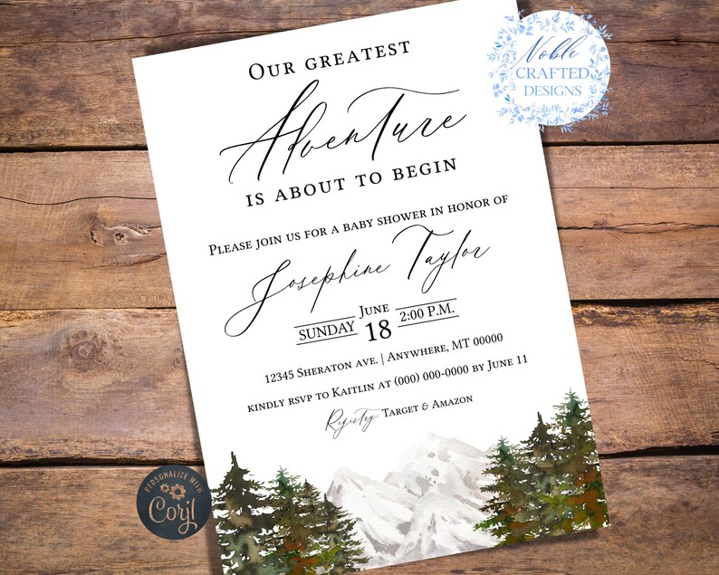 Editable Our Greatest Adventure Baby Shower Invitation Only, Mountains ...