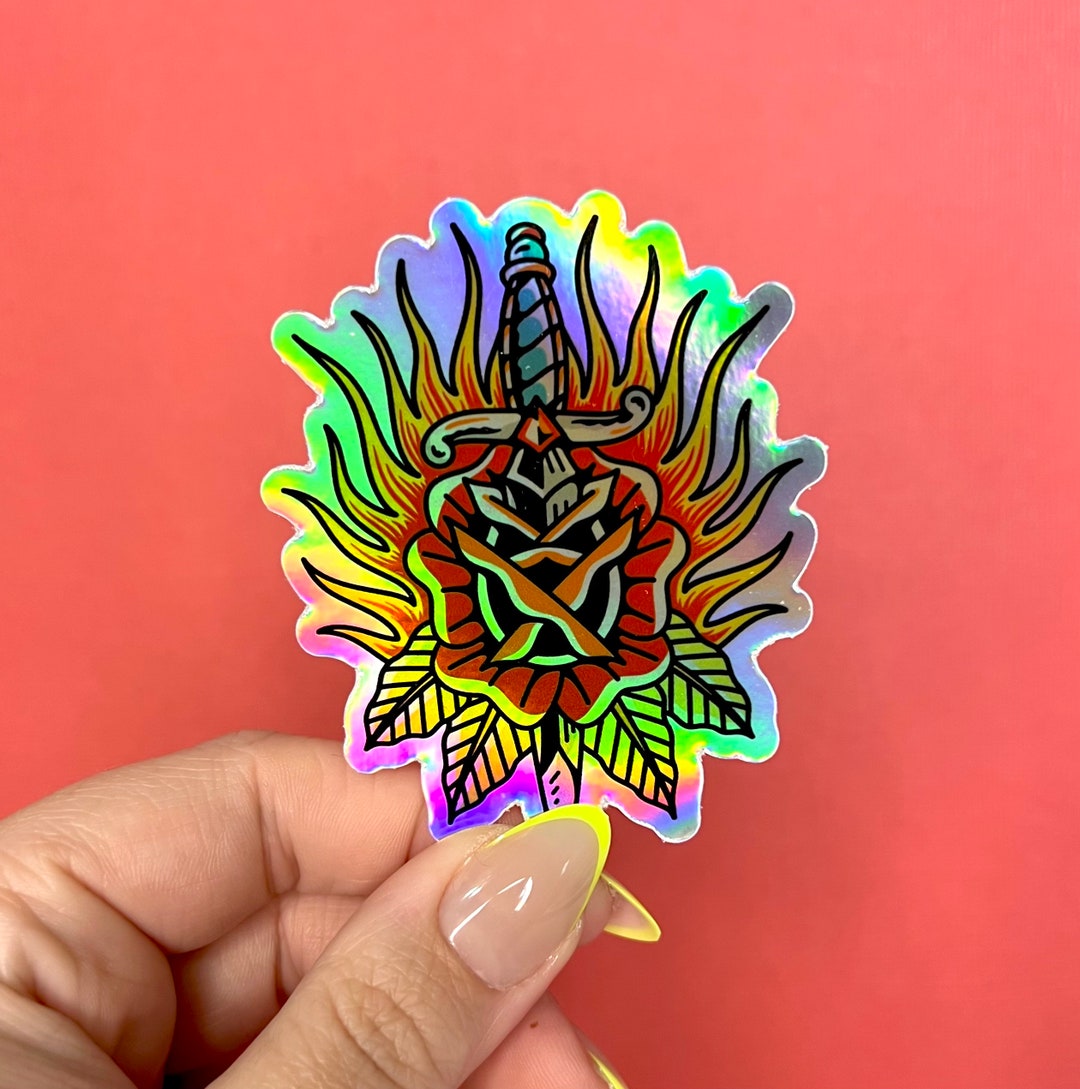 Holographic Stickers American Traditional Rose Sticker Metal as Fk ...